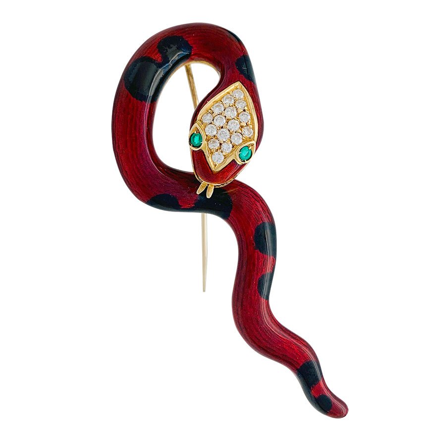 DAVID WEBB "Serpent" Pin Brooch in yellow gold, enamel, emeralds and d ...