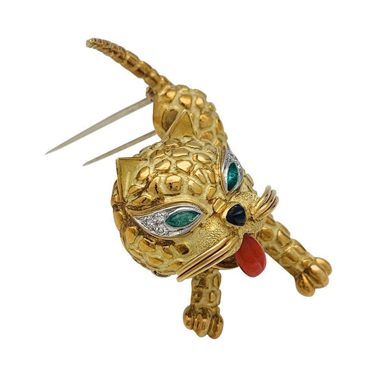 Mauboussin “Cat” brooch in yellow gold, coral, diamonds and emeralds ...