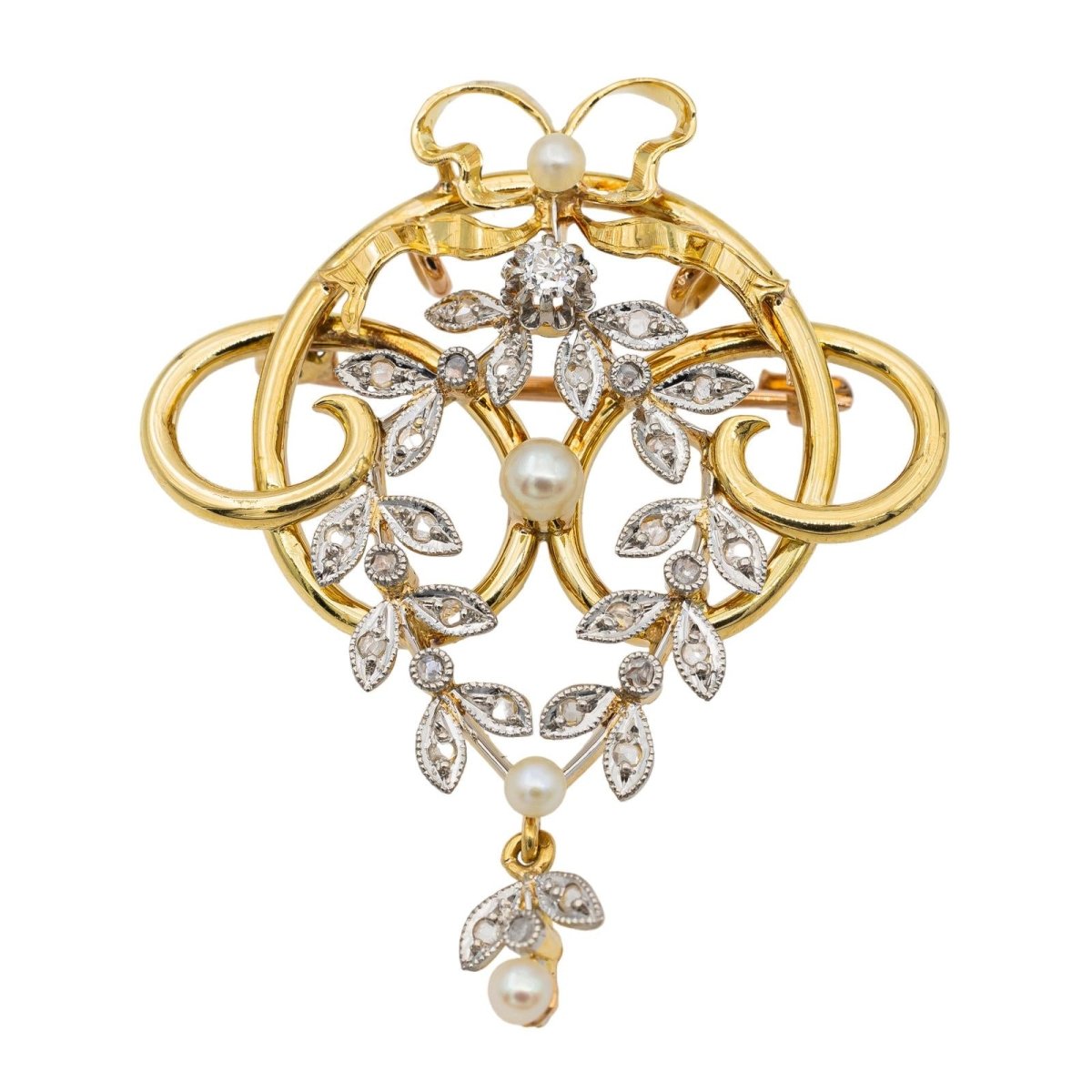 Brooch in yellow gold, pink gold and pearls – Castafiore