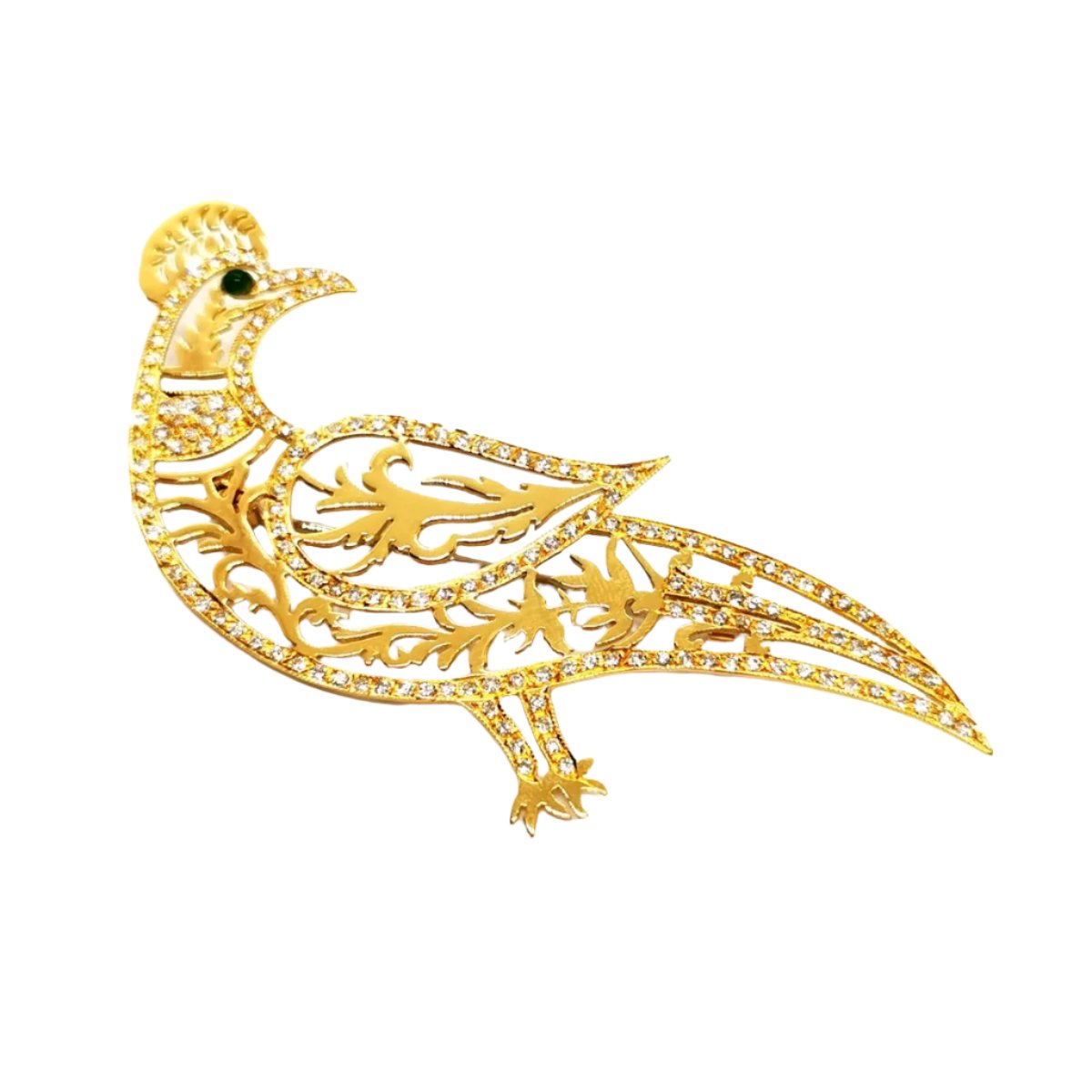Peacock brooch in 2 golds, emerald and diamonds – Castafiore